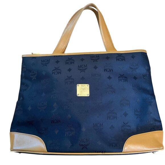 MCM | Bags | Mcm Vintage Monogram Black Nylon Tan Leather Tote Luxury ...